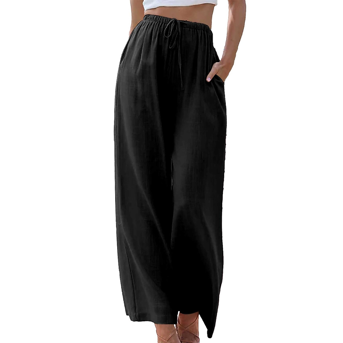 Duyang Womens Cotton Linen Palazzo Pants Drawstring Elastic Waist Casual Wide Leg Trousers with Pockets(Black,XL)