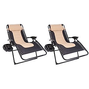 BTEXPERT Oversized Padded Zero Gravity Chair Folding Recliner Chaise Lounge Outdoor Garden Utility XL Anti-Gravity Lounger, Side Tray Cup Holder, Headrest Pillow (Set of 2 Tan Black) (5196-2)