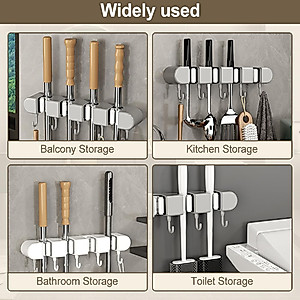 XieJY 2024 New Multifunctional Mop Holder with Hook, Punch Free Mop and Broom Holder Wall Mount Broom Rack, Broom Organizer Storage Tool Racks Heavy Duty Self Adhesive Mop Holder Wall Mounted (1)
