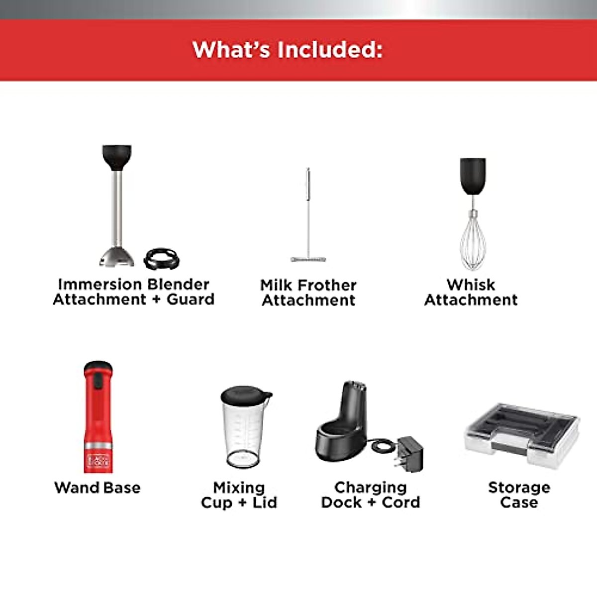 BLACK+DECKER Kitchen Wand Cordless Immersion Blender, 3 in 1 Multi Tool Set, Hand Blender with Charging Dock, Whisk and Milk Frother, Red (BCKM1013KS06)