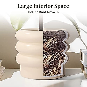 JOFAMY Tiered Bubble Ceramic Plant Pot, Creamy White 6 Inch Ceramic Planter with Drainage Holes, Ceramic Flower Pot with Mesh Pad, Rubber Plugs, Ceramic Pots for Indoor Plants Outdoor, Modern Décor