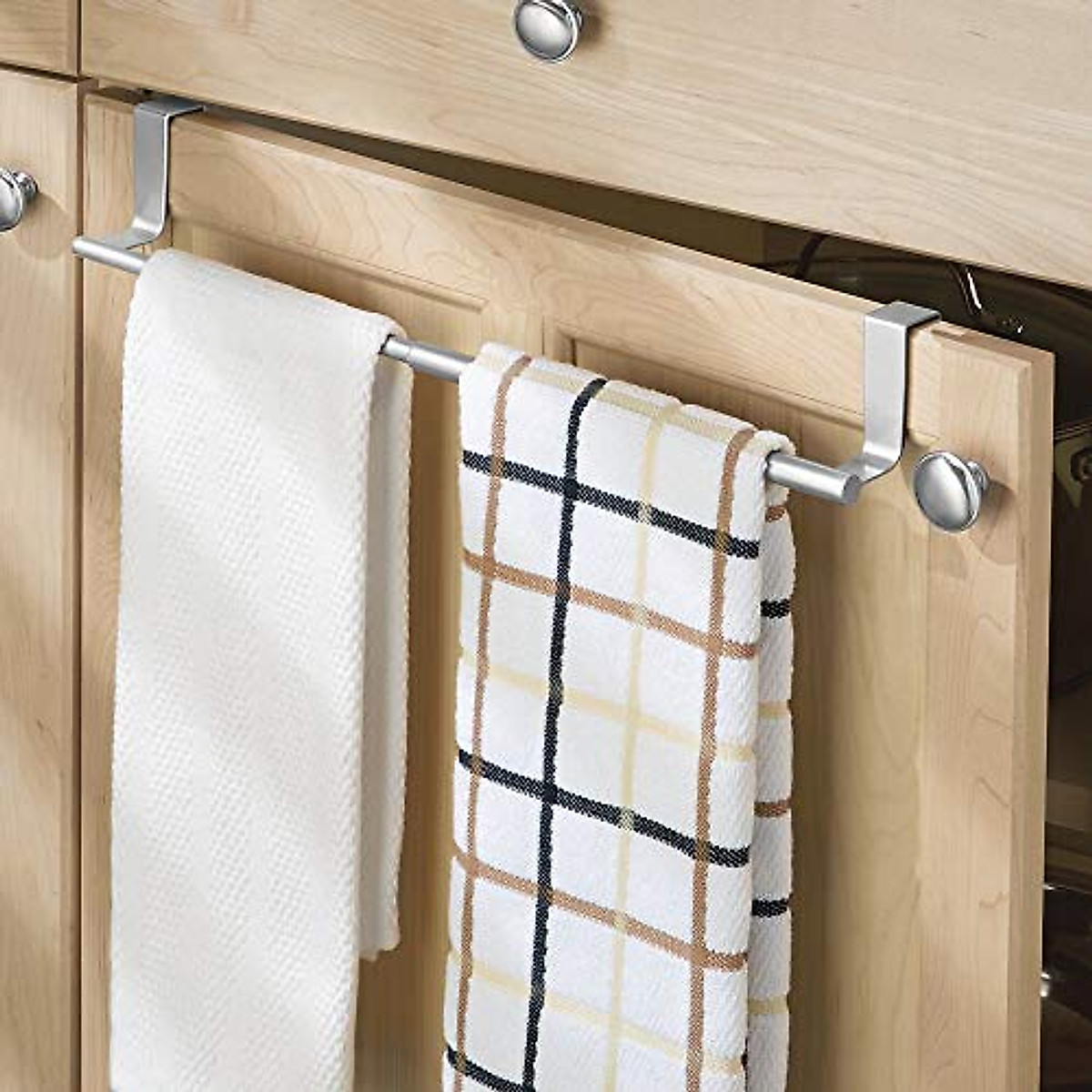 mDesign Adjustable, Expandable Over Kitchen Cabinet Towel Bar Rack - Hang on Inside or Outside of Doors, Hold Hand, Dish, Tea Towels - Customizable to 17" Wide, Omni Collection - Chrome