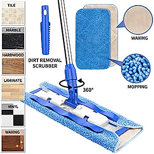 MR.SIGA Professional Microfiber Mop for Hardwood, Laminate, Tile Floor Cleaning, Stainless Steel Handle - 3 Reusable Flat Mop Pads and 1 Dirt Removal Scrubber Included
