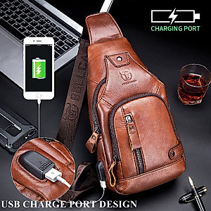 BULLCAPTAIN Men Crossbody Bag with USB Charging Port Genuine Leather Shoulder Sling Chest Bag Travel Hiking Backpack (Brown)