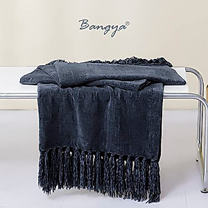 Bangya Navy Chenille Throw Blanket Soft Cozy Woven Fringe Tassel Throw for Sofa Couch Bed Living Room (Navy,50" X 60")