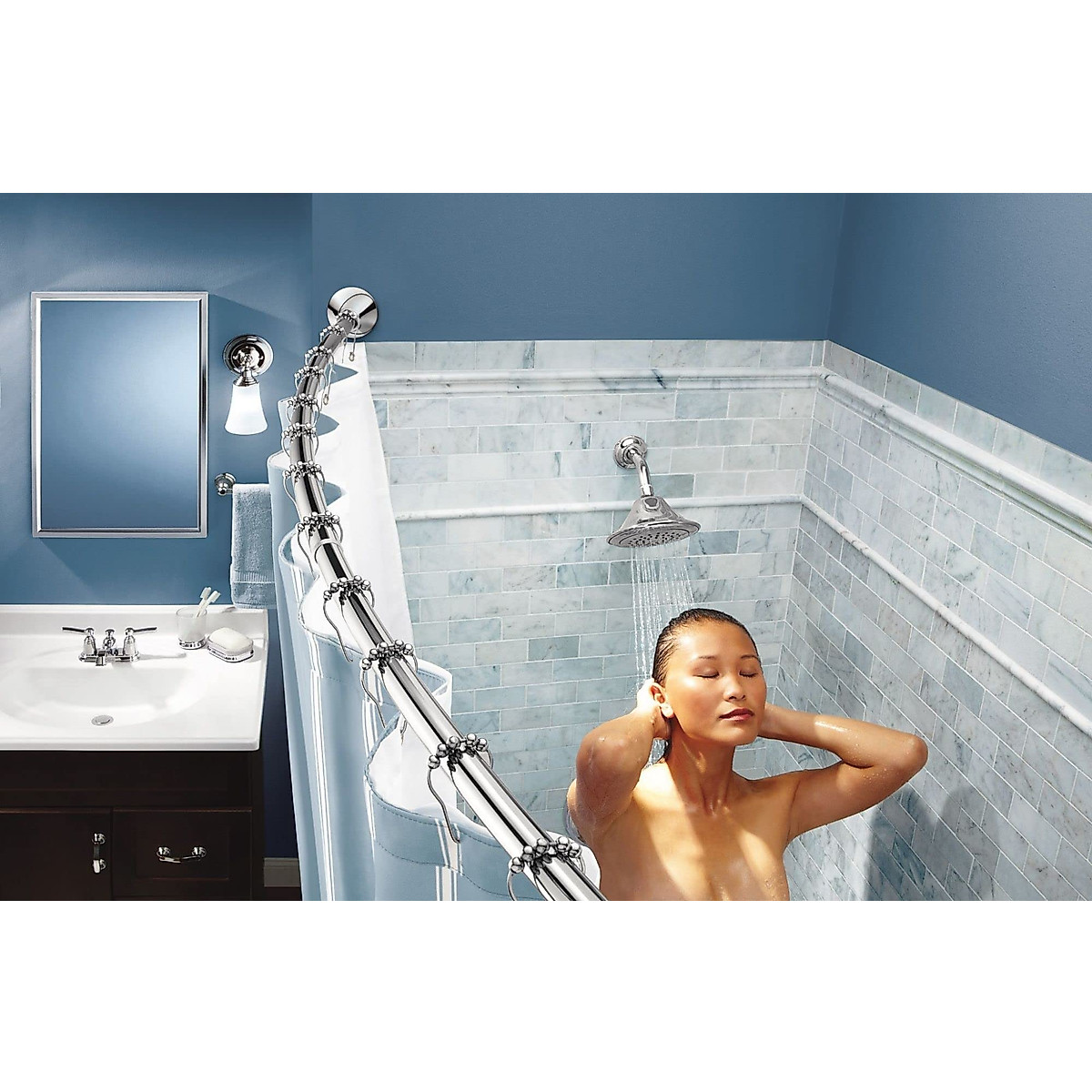 Moen Chrome 5-Foot Adjustable Tension Single Curved Shower Curtain Rod for Bathroom Shower, CSR2172CH