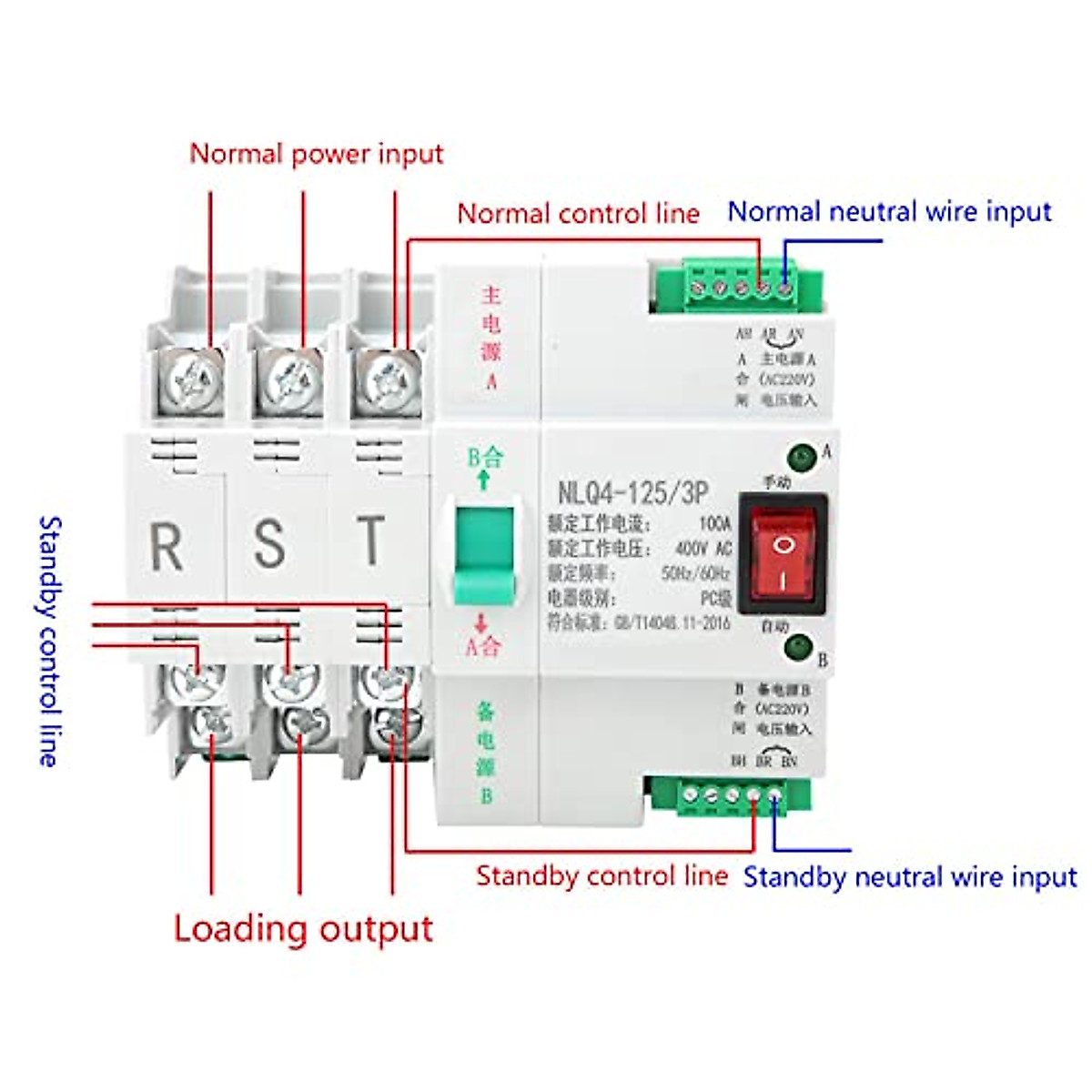 Automatic Transfer Toggle Switch AC 400V 3P Dual Power 63/80/100A Flame Retardant High Reliability High Sensitive Response for Power Supply(100A)