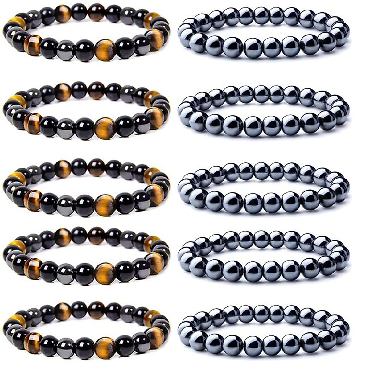 WAINIS 10PCS 8mm Black Hematite Magnetic Bead Therapy Bracelet For Men Women Stone Bracelet Stress Relieving Triple Protection Anxiety Relief Bracelet Jewelry