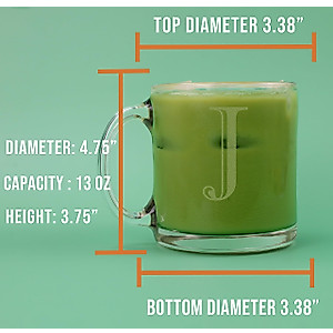 Spotted Dog Company Etched Monogram 12oz Clear Glass Coffee Mug (Letter J), A-Z Customized Coffee Gifts for Coffee Lovers, Custom Engraved Gifts for Women Her, Personalized Gift for Men, Initial