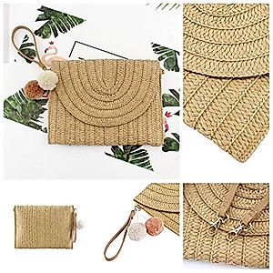 Ayliss Women Straw Shoulder Handbag Crossbody Clutch Purse Handbag Evening Summer Beach Handmade Woven Evenlope Straw Bag (Khaki)