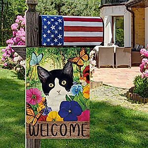 CMEGKE Spring Welcome Cat Butterfly Floral Garden Flag, Spring Summer Cat Flags, Spring Summer Flags Summer Spring Rustic Vertical Double Sided Burlap Cat Butterfly Floral Home Holiday Party Farmhouse Yard Lawn Outside Decorations 12.5 x 18 In