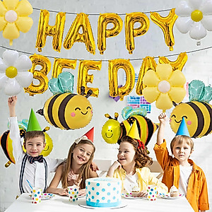 Bee Themed Birthday Party Decorations, Happy Bee Day Balloons Banner, Yellow Bee Foil Balloons Daisy Mylar Foil Balloons for Boys Girls Baby Shower Bee Theme Birthday Supplies