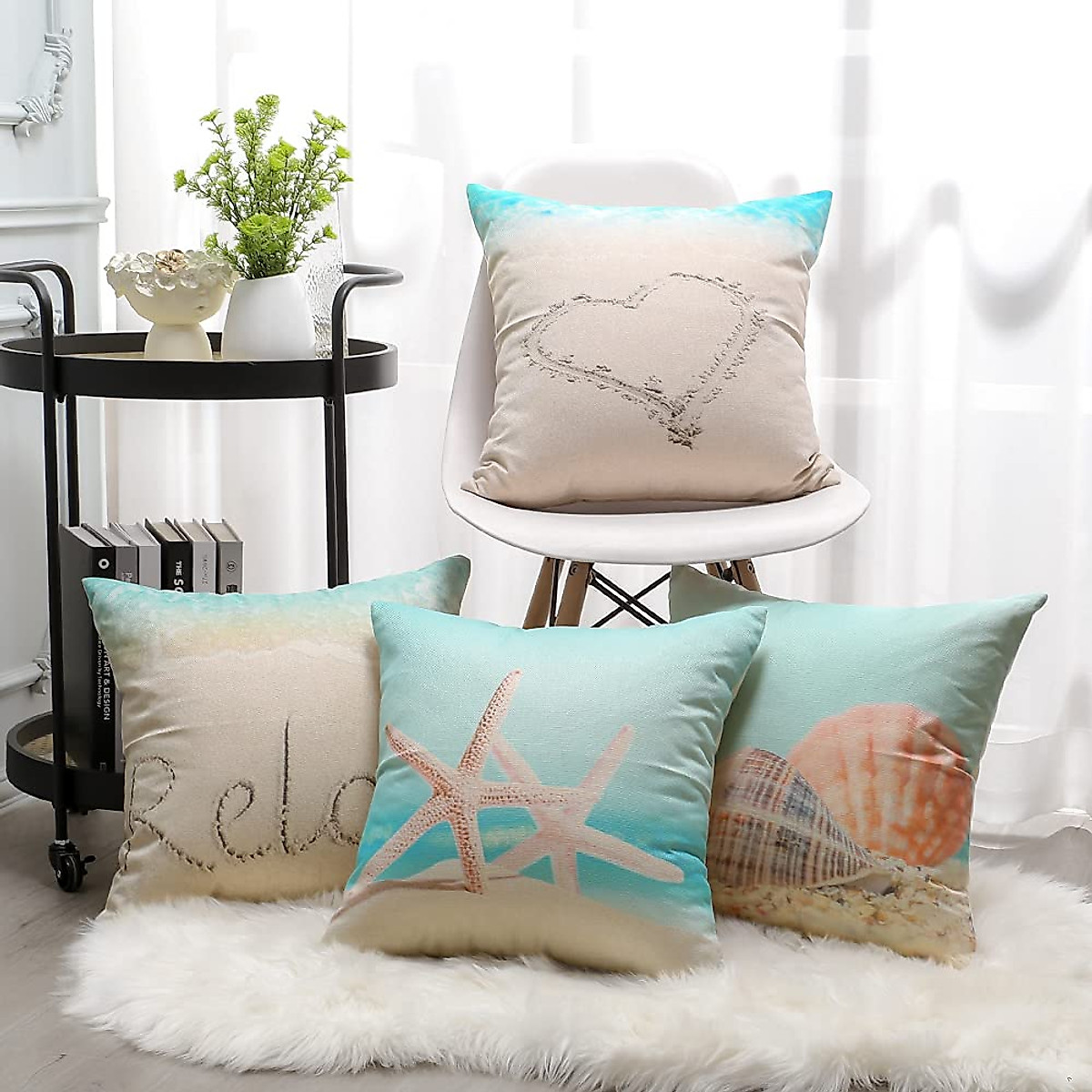 OTOSTAR Waterproof Summer Decorations Outdoor Throw Pillow Covers Linen Starfish Shell Pillow Covers Pack of 4 Square Cushion Case Garden Pillowcase 18x18 Inch for Patio Furniture Couch Tent (Beach)