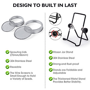 BARIKUEO 4PCS Stainless Steel Sprouting Lids,2 Stainless Steel Sprouting Stands,Drip Tray,Label sticker, 8 Pack Mason Sprouting Jar Kit (Not Include Mason Jar) for Regular and Wide Mouth Mason Jars