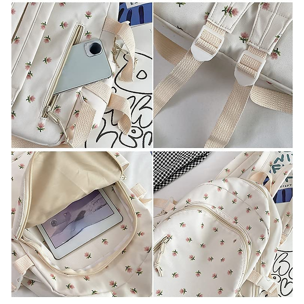 Floral Backpack with Kawaii Plush Puppy Pendant Accessories Cute Multi-Pockets Aesthetic Back to School Bookbag Laptop (Black)