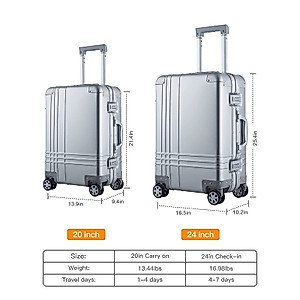 Bamboo Wolf 24-inch Aluminum-Magnesium Alloy Carry-on Luggage Hardside Suitcase, Built-In TSA Lock, Zipperless Fashion with Spinner Wheels for Travel / Business, Silver