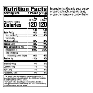 Plum Organics Tots & Beyond Pear Spinach & Pea Fruit & Veggie Blend, Kosher, USDA Certified Organic, Non-GMO, 7.5 Ounce (Pack of 6)