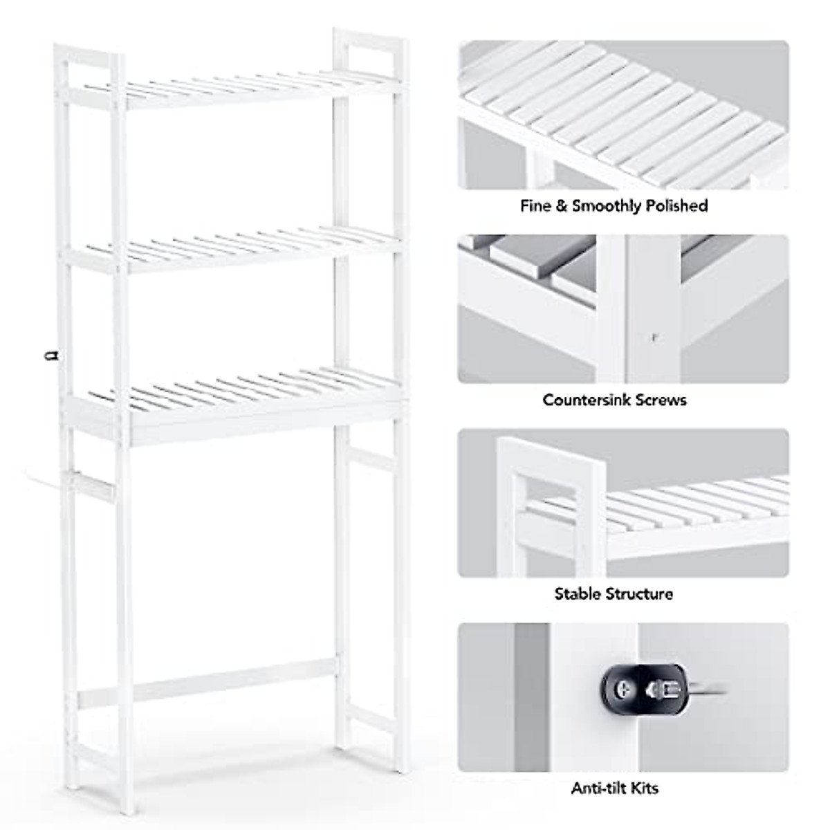 Purbambo Over The Toilet Storage, 3-Tier Bamboo Shelf Organizer Storage Rack with Toilet Paper Holder & 3 Hooks for Bathroom, Balcony, Porch, Laundry - White