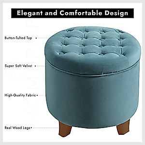 Homepop Home Decor | Upholstered Round Velvet Tufted Foot Rest Ottoman | Ottoman with Storage for Living Room & Bedroom | Decorative Home Furniture, Teal