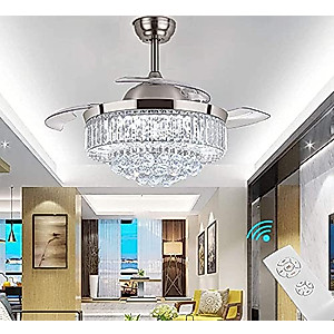 42inches Brushed Nickel crystal Ceiling Fan Indoor with Light and Remote,Ceiling Fans Retractable Blades Bedroom Ceiling Fan with Lights and Remote Control LED Ceiling Fan Light Kit