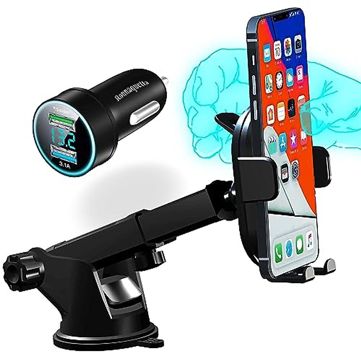 Ronnaquetta Phone Holder Car 1S Quick Release, Car Charger Voltage Display Car Phone Holder Adjustable 360 Rotation Phone Mount Cell Phone Car Mount be Applied to Dashboard or Windshield