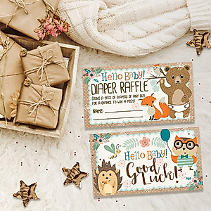 Diaper Raffle Tickets - Woodland Animals Card, Cute Fun Animals and Colorful Baby Shower Games Raffle Sign and Ticket, Gender Neutral, Baby Party Decorations, Set of 50 Double Sided Raffle Cards