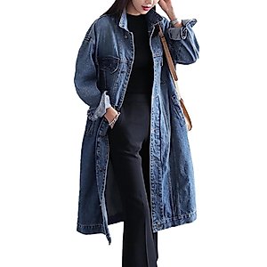 Jofemuho Womens Classic Jean Jacket Plus Size Loose Long Sleeve Button Down Denim Trench Coat Blue XL