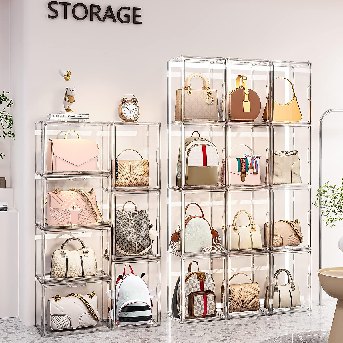 FODIENS 4 Packs Clear Handbag Storage Organizer for Closet, Acrylic Display Case for Purse Handbag, Stackable Purse Organizer Storage Box with Magnetic Door for Wallet Book Toys Collectibles