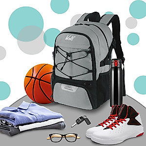 WOLT | Basketball Backpack Large Sports Bag with Separate Ball Holder & Shoes Compartment, Gifts for Basketball, Soccer, Volleyball, Swim, Gym, Travel (Light Grey)
