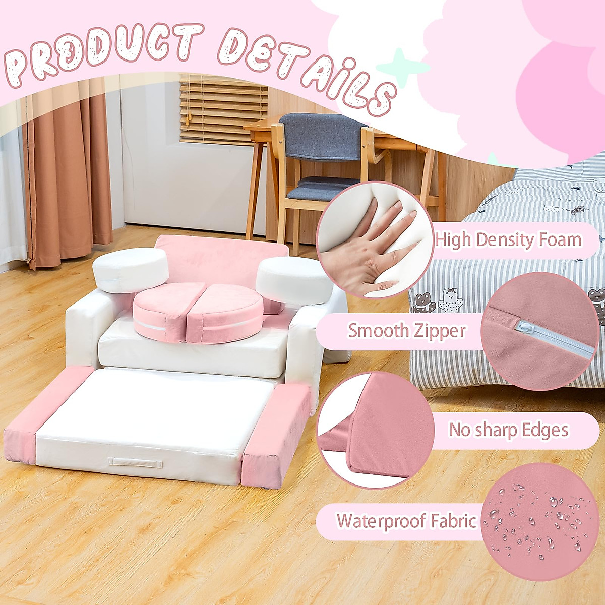 Stmoze 13PCS Modular Kids Play Couch, Kids Couch with Washable Velvet Cover, Modular Couch for Boys and Girls, Convertible Foam and Floor Cushion for Nursery Playroom, Pink & Beige