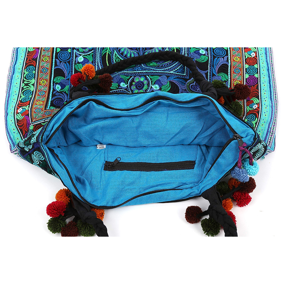 changnoi Unique Fair Trade Tote Bag Embroidered Fabric Large Size from Thailand (Bird Blue)