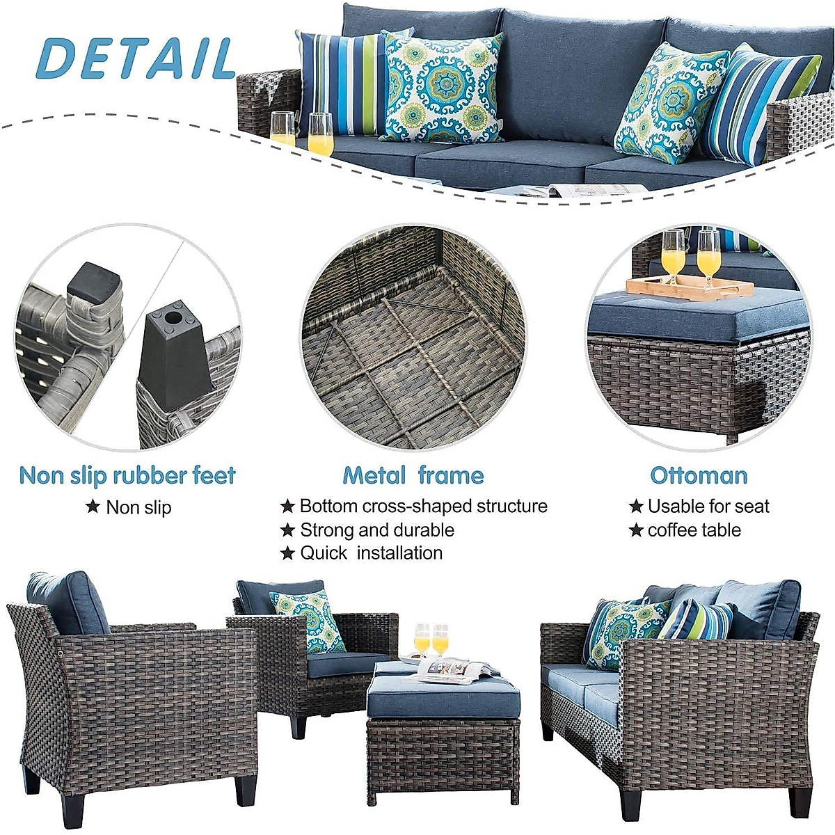 ovios Outdoor Furniture 5 Pieces Patio Furniture Set Sectional Conversation Set All Weather Wicker Rattan Sofa Couch for Yard Deck Porch, Grey Wicker, Denim Blue Cushion