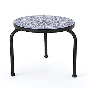 Christopher Knight Home Slate Outdoor Ceramic Tile Side Table with Iron Frame, Blue / White