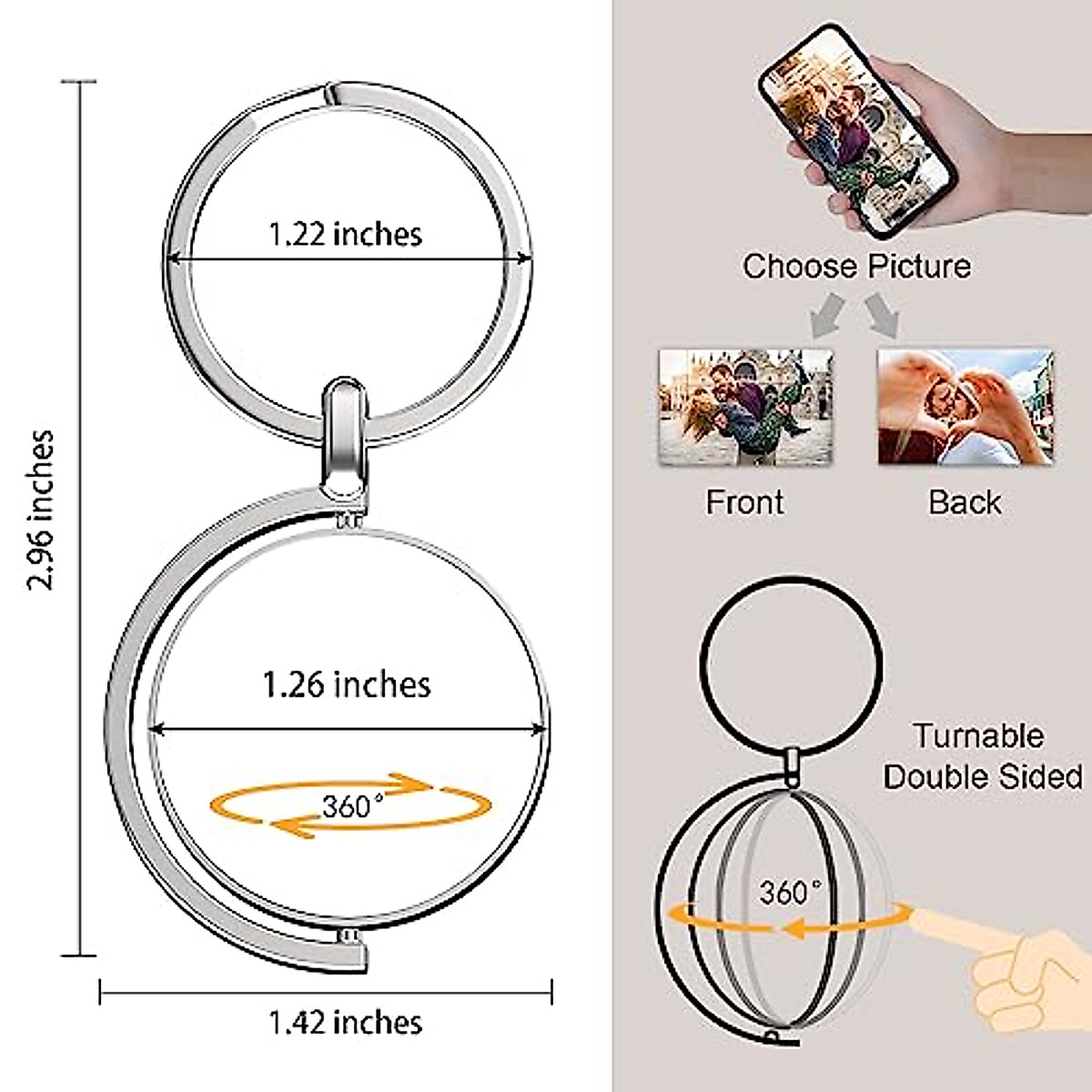 Personalized Custom Keychain with Picture - Turnable Double Sided Colorful Photo Key chains Memorial Gifts for Family Lover, Half Round - Silver