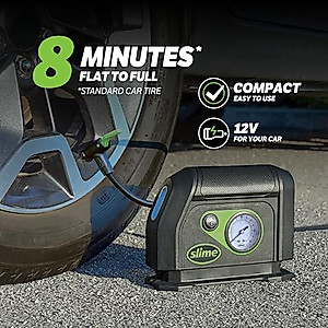 Slime 40050 Tire Inflator, Portable Car Air Compressor, with Analog 100 psi Dial Gauge, Long Hose and LED Light, 12V, 8 min Inflation
