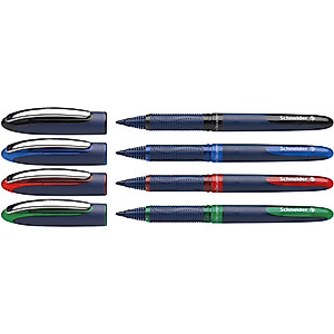 Schneider One Business Rollerball Pen, 0.6 mm Ultra-Smooth Tip, Blue Barrel, Four-Pack, One Each of: Black, Red, Blue, Green (183094)