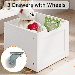 IRONCK Toy Storage Organizer with 3 Movable Drawers, Multifunctional Floor Storage Cabinet Toy Chest with 5 Storage Cubbies, Kids Bookcase for Boys and Girls, White