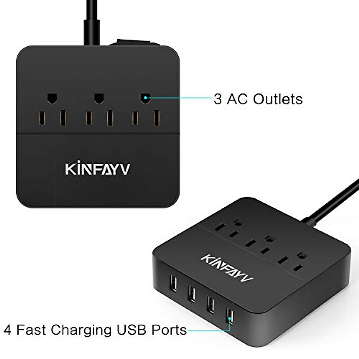Kinfayv Power Strip with 4 USB Ports & 3 Outlets - Portable USB Strip Surge Protector Desktop Charging Station USB Power Cord with On/Off Switch & 5 Feet Cord for Travel, Hotel, Office