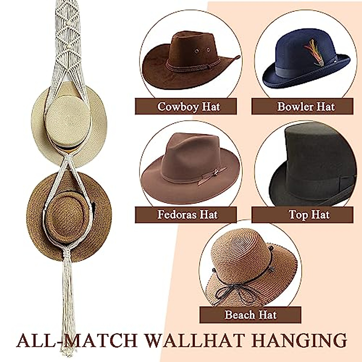 LINXIU Macrame Hat Hangers Boho Hat Rack for Wall Decorative Bohemian Women Cowboy Hats Holder Organizer for Wide Brim Fedoras Caps(2 Hats Style)