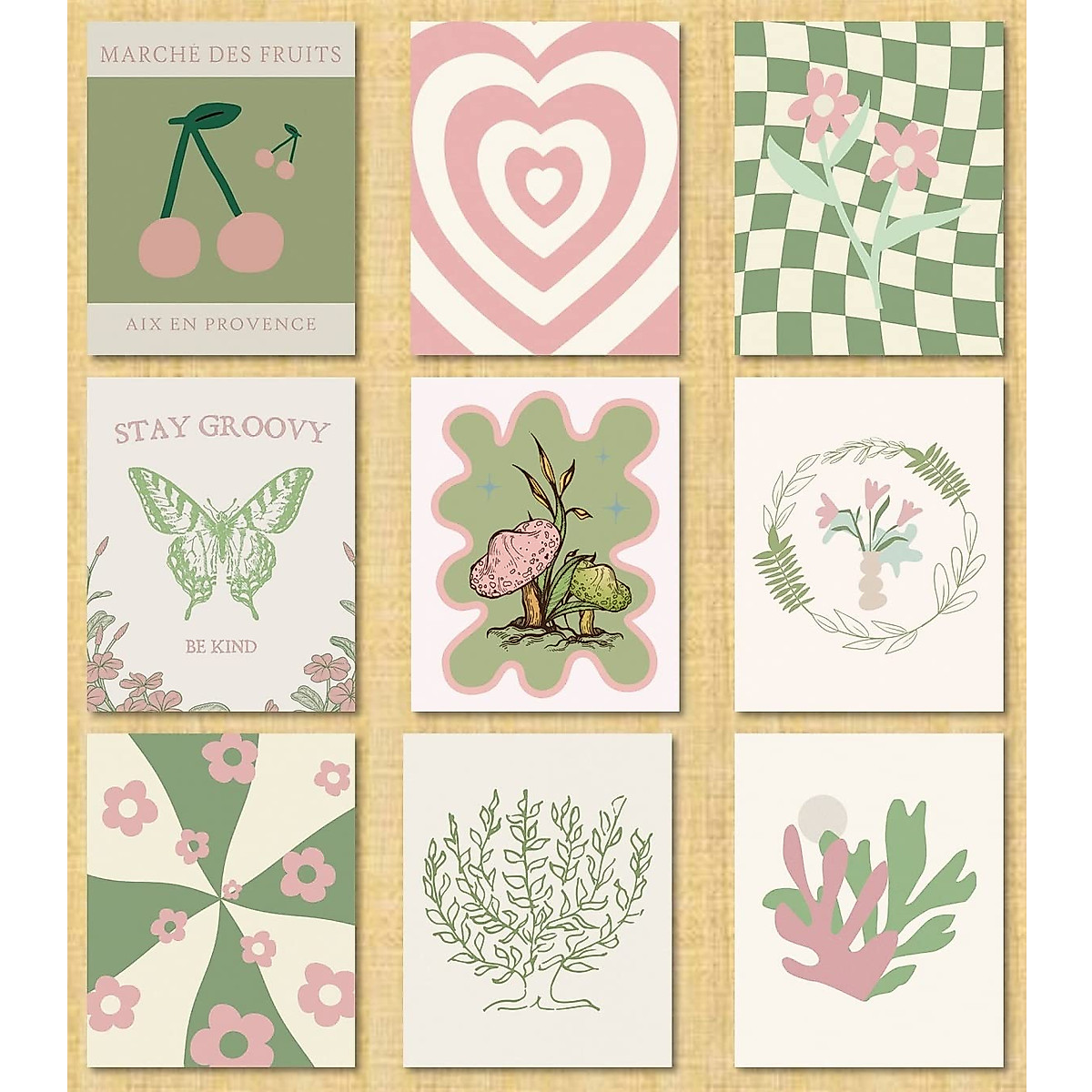 MINI ZOZI Danish Pastel Posters 8x10 9pcs Aesthetic Room Decor Green And Pink Wall Art Prints Collage Cute Coquette Trendy Preppy Coconut Girl Y2k Kawaii Indie Retro Pictures Butterfly Heart Cherry