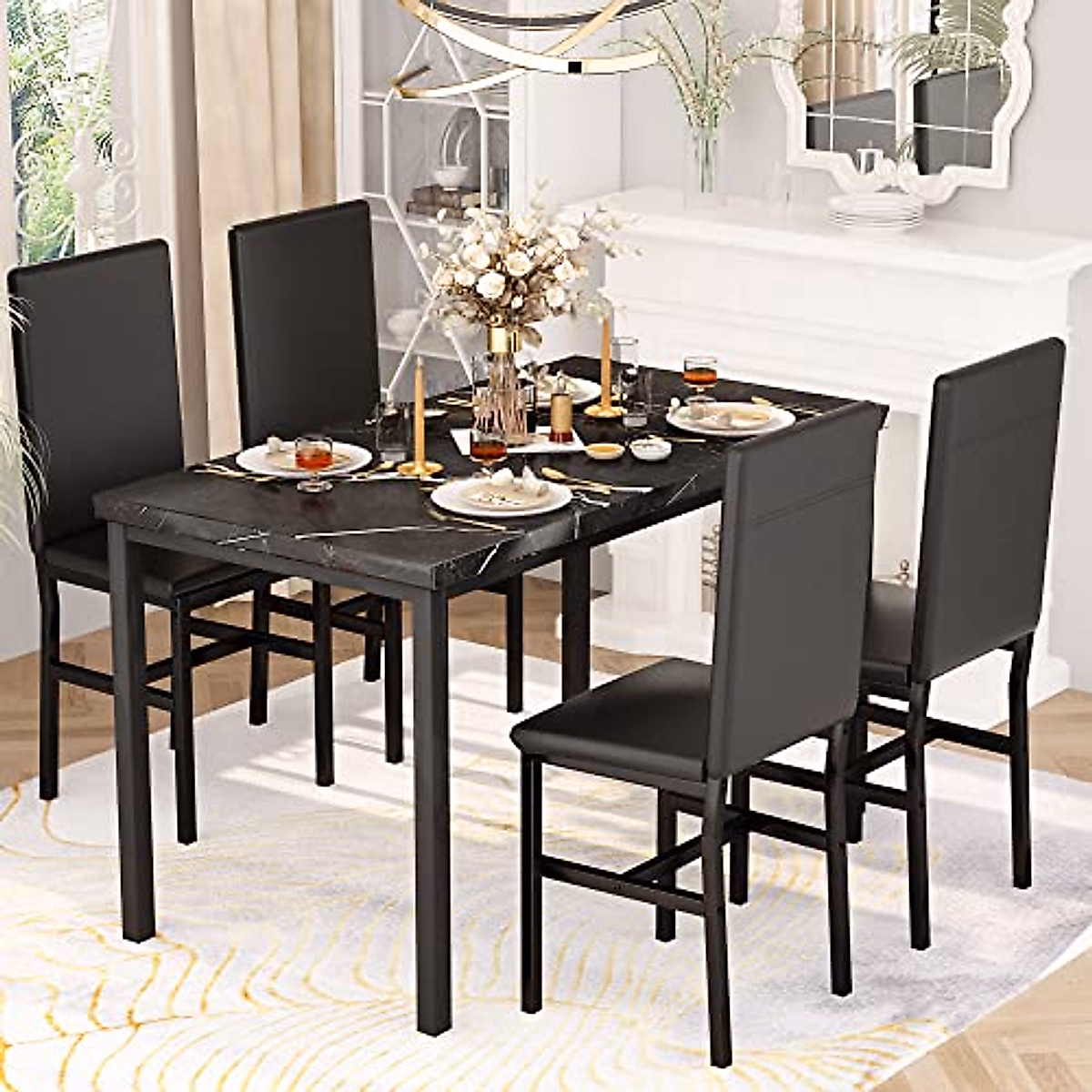 Hooseng Dining Table Set for 4, Space Saving Kitchen Table and Chairs for 4, Modern Style Faux Marble Tabletop & 4 PU Leather Chairs, Perfect for Dining Room,Breakfast Corner Small Spaces,Black