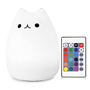 WoneNice Night Light for Kids, Timer Silicone Cat Night Lamp with 7 Colors, Cute Kawaii Room Decor for Children, Nursery Rechargeable Toddler Baby Night Light with Remote Control - Great Kawaii Gift