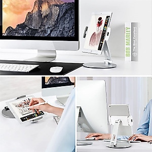 Viozon Tablet Stand and Holders with Adjustable Range and Height Aluminum Stand Compatible with iPad/iPad pro/ipad Mini/Cellphone/Kindle Desk Holder fits 3.5-13inches, 360° Swivel Adjustable Base