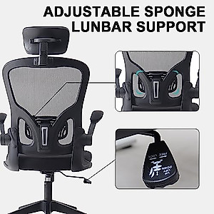 SUKIDA Office Chair with Headrest - Ergonomic Office Chair with Neck Support, Black Mesh Computer Desks Chairs Wheels Back Support Back Pain Comfortable Flip Up Arms Comfy for Home Bedroom