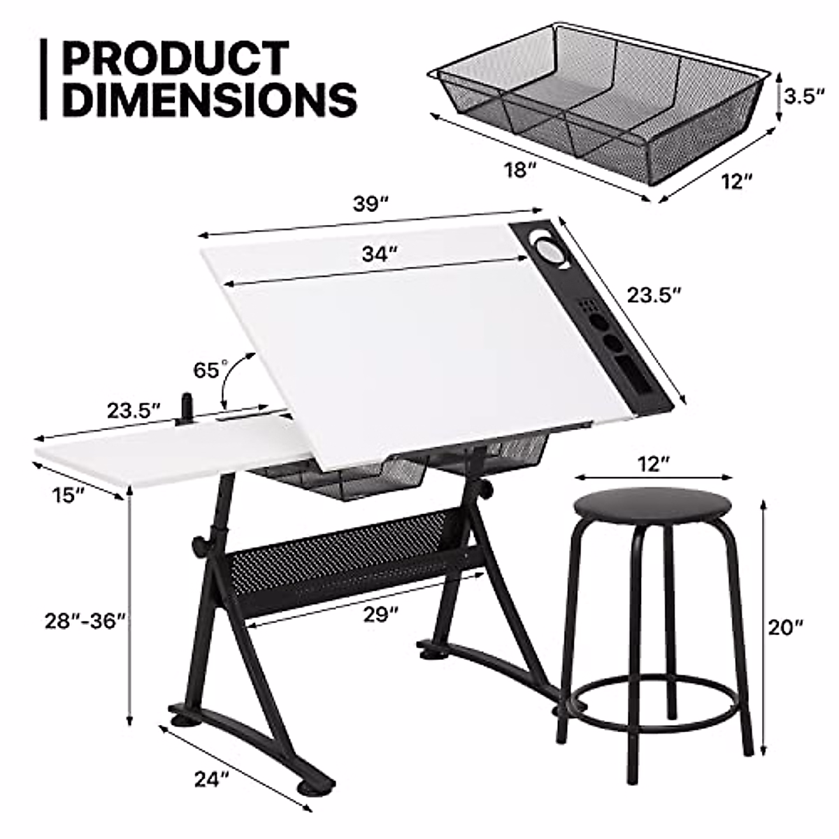 MoNiBloom Height-Adjustable Drafting Table, Tiltable Tabletop Drawing Table Adult Art Craft Work Station w/Stool for Reading Writing Painting, Homeschooling Desk for Children with 2 Storage Drawers