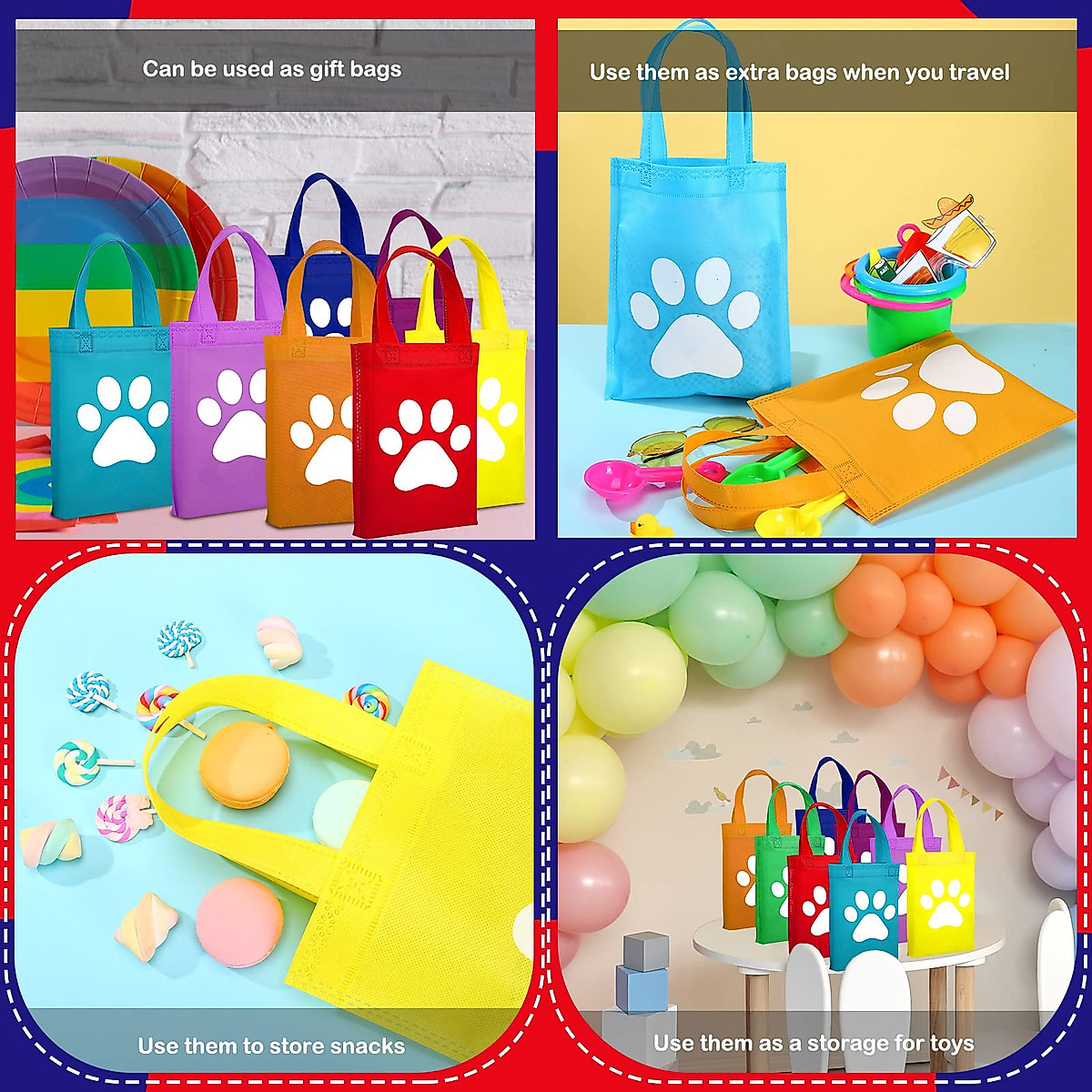 24 Pcs Paw Print Bags Paw Print Treat Bags with Handle Non Woven Cat Gift Bag Paw Goodie Bags Cat Gift Wrap Bags Reusable Paw Candy Bag for Pet Dog Birthday Party Favors Baby Shower (Simple Style)