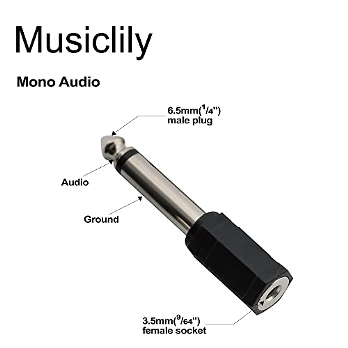 Musiclily 6.35mm 1/4 Inch Male Mono Plug to 3.5mm 1/8 Inch Female Audio Mic Professional Headphone Jack Converter Adapter Microphone Accessory, Black(Pack of 4)