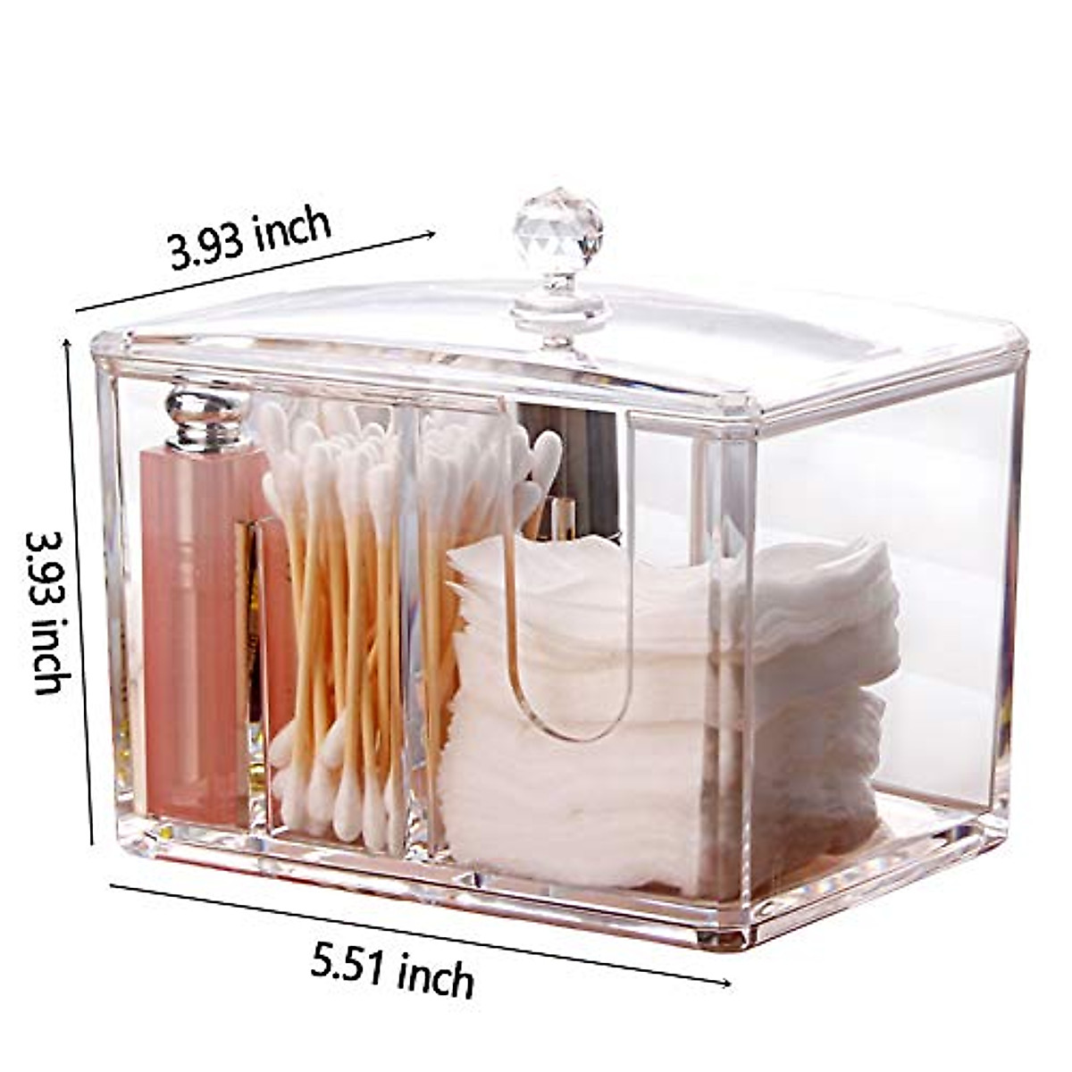 Watpot Qtip Cotton Pad Holder Dispenser Cotton Ball and Swab Storage with Lid Clear Acrylic Cotton Round Organizer, 4 Sections