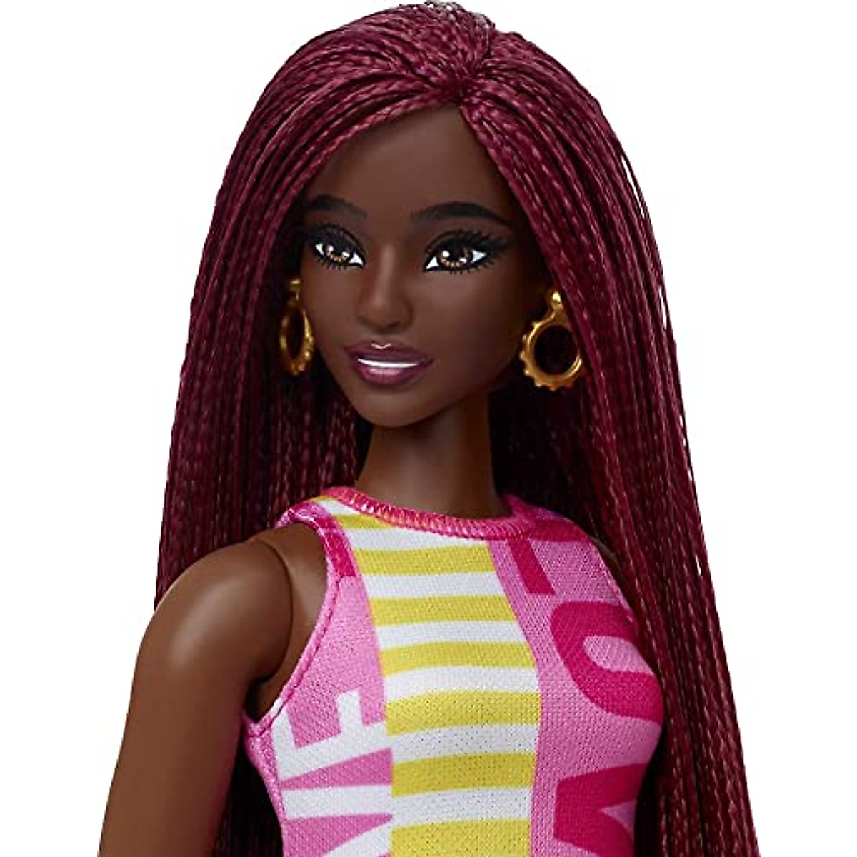 Barbie Fashionistas Doll #189 with Curvy Body, Crimson Braids, Sleeveless Love Dress & Hoop Earring Accessory