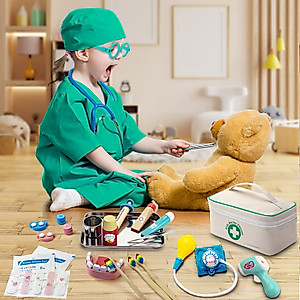 Juboury Doctor Kit for Kids 34Pcs Toy Medical Kit with Stain Steel Stethoscope, Flashlight, Tray, Iodine Cup, Wooden Accessories, Dress Up Costume and Doctor Bag for Kids, Girls, Boys, Toddlers